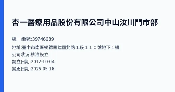 杏一醫療用品股份有限公司中山汝川門市部的照片-統編 39746689(臺中市) 公司登記資料與營業項目詳細圖表