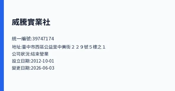 威騰實業社的照片-統編 39747174(臺中市) 公司登記資料與營業項目詳細圖表