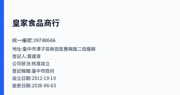 皇家食品商行的照片-統編 39748666(臺中市) 公司登記資料與營業項目詳細圖表