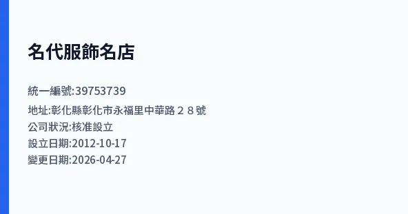名代服飾名店的照片-統編 39753739(彰化縣) 公司登記資料與營業項目詳細圖表