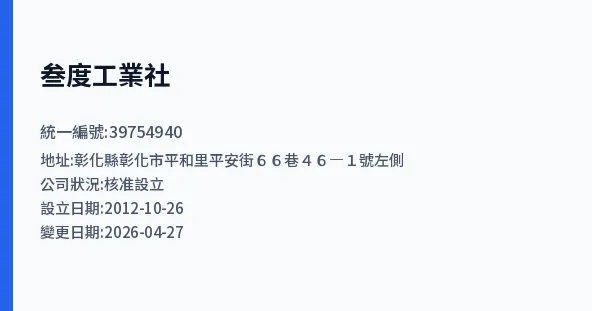叁度工業社的照片-統編 39754940(彰化縣) 公司登記資料與營業項目詳細圖表