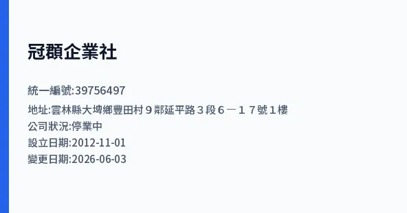 冠頵企業社的照片-統編 39756497(雲林縣) 公司登記資料與營業項目詳細圖表
