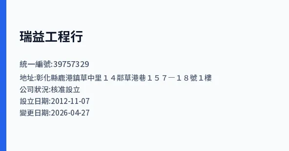 瑞益工程行的照片-統編 39757329(彰化縣) 公司登記資料與營業項目詳細圖表