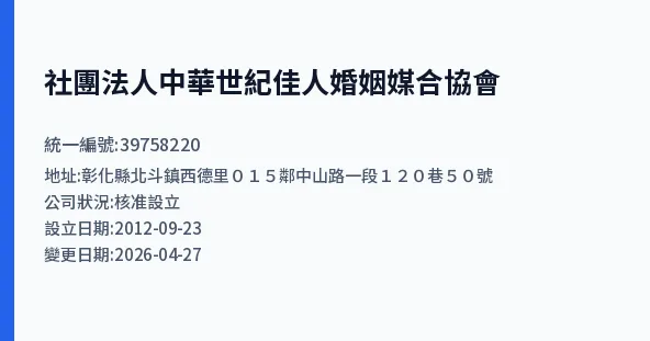 社團法人中華世紀佳人婚姻媒合協會的照片-統編 39758220(彰化縣) 公司登記資料與營業項目詳細圖表
