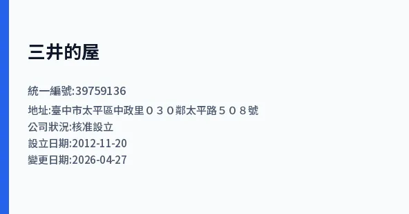 三井的屋的照片-統編 39759136(臺中市) 公司登記資料與營業項目詳細圖表