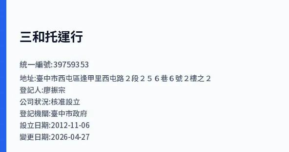 三和托運行的照片-統編 39759353(臺中市) 公司登記資料與營業項目詳細圖表