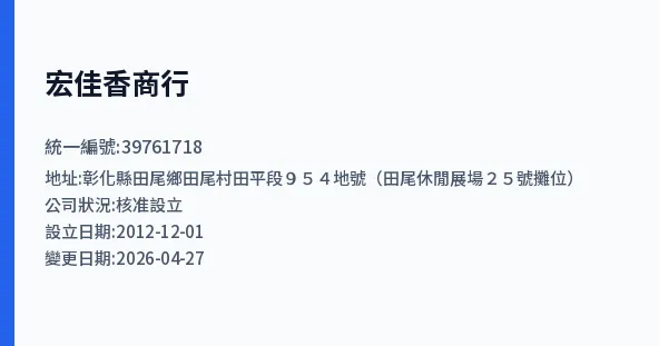 宏佳香商行的照片-統編 39761718(彰化縣) 公司登記資料與營業項目詳細圖表