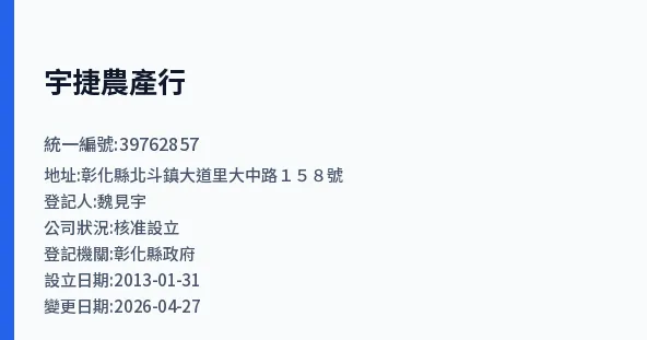 宇捷農產行的照片-統編 39762857(彰化縣) 公司登記資料與營業項目詳細圖表