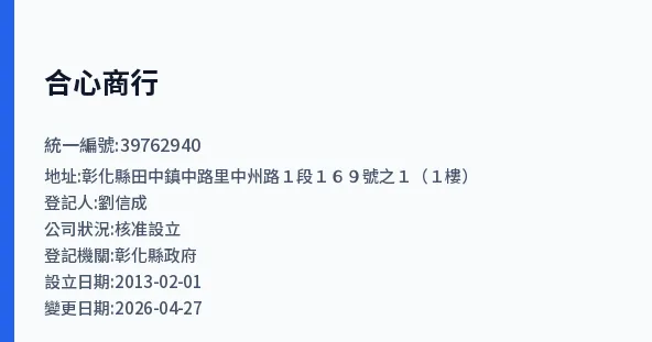 合心商行的照片-統編 39762940(彰化縣) 公司登記資料與營業項目詳細圖表