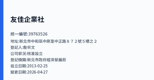 友佳企業社的照片-統編 39763526(新北市) 公司登記資料與營業項目詳細圖表