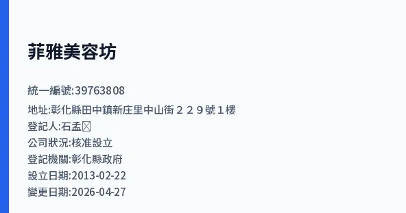 菲雅美容坊的照片-統編 39763808(彰化縣) 公司登記資料與營業項目詳細圖表