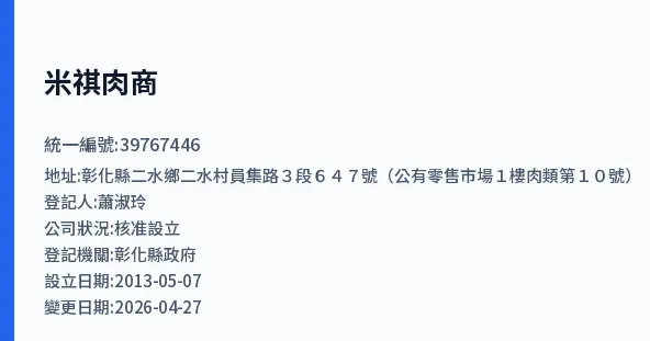 米祺肉商的照片-統編 39767446(彰化縣) 公司登記資料與營業項目詳細圖表
