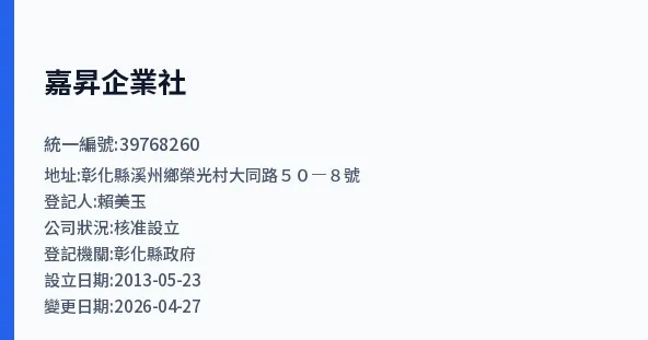 嘉昇企業社的照片-統編 39768260(彰化縣) 公司登記資料與營業項目詳細圖表