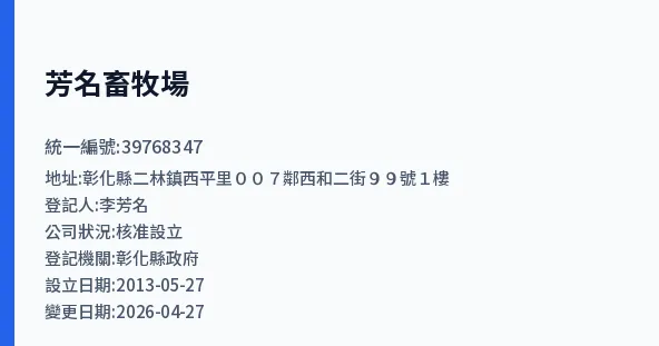 芳名畜牧場的照片-統編 39768347(彰化縣) 公司登記資料與營業項目詳細圖表