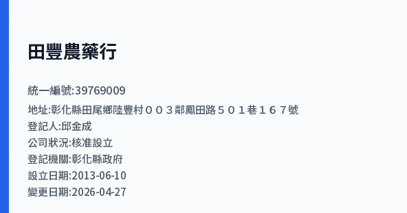 田豐農藥行的照片-統編 39769009(彰化縣) 公司登記資料與營業項目詳細圖表