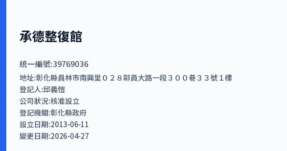 承德整復館的照片-統編 39769036(彰化縣) 公司登記資料與營業項目詳細圖表