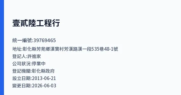 壹貳陸工程行的照片-統編 39769465(彰化縣) 公司登記資料與營業項目詳細圖表