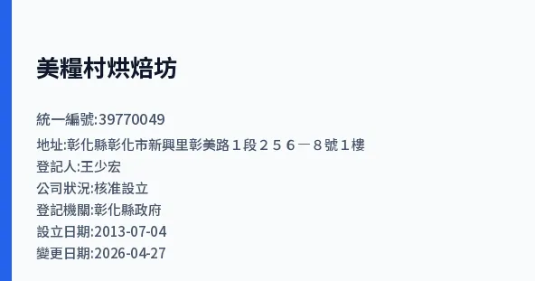 美糧村烘焙坊的照片-統編 39770049(彰化縣) 公司登記資料與營業項目詳細圖表