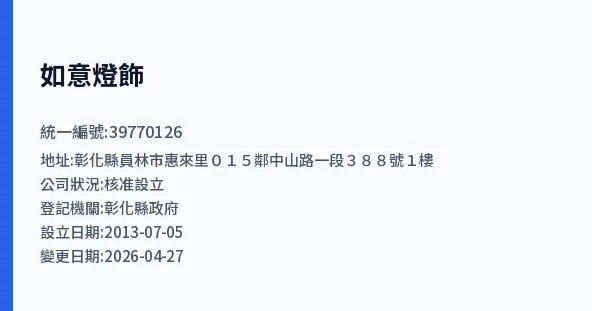 如意燈飾的照片-統編 39770126(彰化縣) 公司登記資料與營業項目詳細圖表