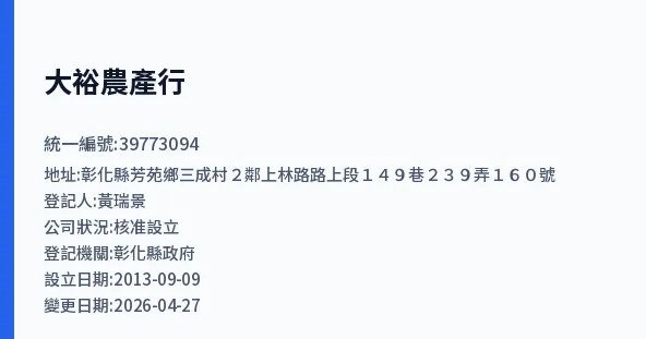 大裕農產行的照片-統編 39773094(彰化縣) 公司登記資料與營業項目詳細圖表