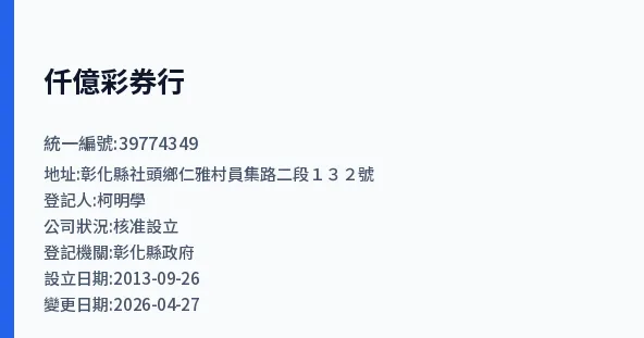 仟億彩券行的照片-統編 39774349(彰化縣) 公司登記資料與營業項目詳細圖表