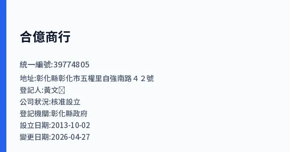 合億商行的照片-統編 39774805(彰化縣) 公司登記資料與營業項目詳細圖表