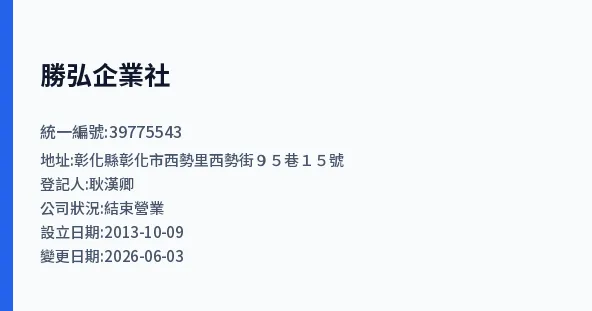 勝弘企業社的照片-統編 39775543(彰化縣) 公司登記資料與營業項目詳細圖表