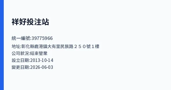 祥好投注站的照片-統編 39775966(彰化縣) 公司登記資料與營業項目詳細圖表