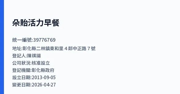 朵貽活力早餐的照片-統編 39776769(彰化縣) 公司登記資料與營業項目詳細圖表