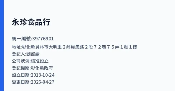 永珍食品行的照片-統編 39776901(彰化縣) 公司登記資料與營業項目詳細圖表