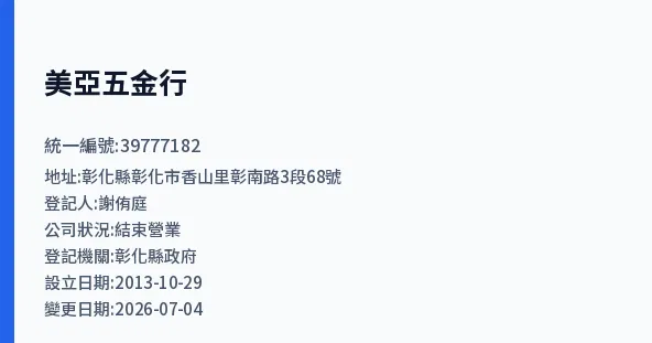 美亞五金行的照片-統編 39777182(彰化縣) 公司登記資料與營業項目詳細圖表