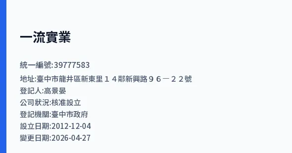 一流實業的照片-統編 39777583(臺中市) 公司登記資料與營業項目詳細圖表