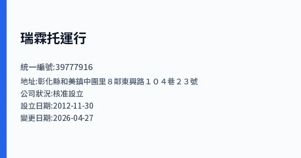 瑞霖托運行的照片-統編 39777916(彰化縣) 公司登記資料與營業項目詳細圖表