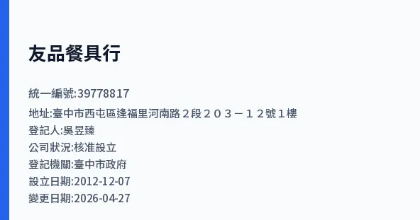 友品餐具行的照片-統編 39778817(臺中市) 公司登記資料與營業項目詳細圖表