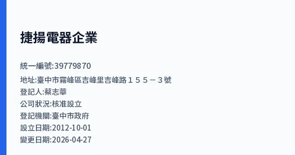 捷揚電器企業的照片-統編 39779870(臺中市) 公司登記資料與營業項目詳細圖表