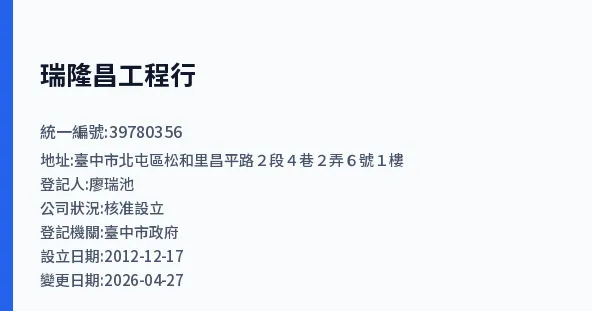 瑞隆昌工程行的照片-統編 39780356(臺中市) 公司登記資料與營業項目詳細圖表