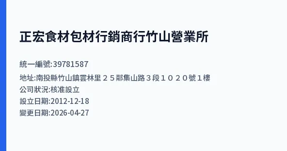 正宏食材包材行銷商行竹山營業所的照片-統編 39781587(南投縣) 公司登記資料與營業項目詳細圖表