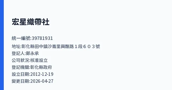 宏星織帶社的照片-統編 39781931(彰化縣) 公司登記資料與營業項目詳細圖表