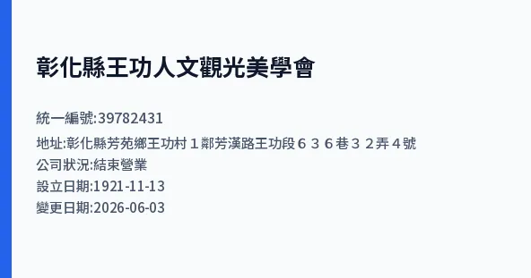 彰化縣王功人文觀光美學會的照片-統編 39782431(彰化縣) 公司登記資料與營業項目詳細圖表