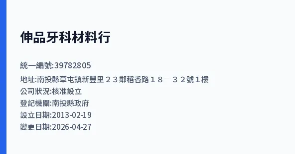 伸品牙科材料行的照片-統編 39782805(南投縣) 公司登記資料與營業項目詳細圖表