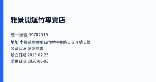 雅景開運竹專賣店的照片-統編 39782919(南投縣) 公司登記資料與營業項目詳細圖表