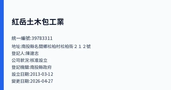紅岳土木包工業的照片-統編 39783311(南投縣) 公司登記資料與營業項目詳細圖表