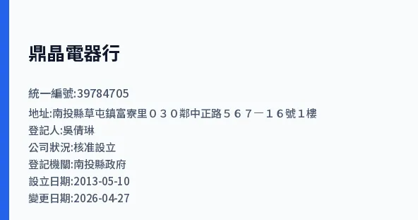 鼎晶電器行的照片-統編 39784705(南投縣) 公司登記資料與營業項目詳細圖表