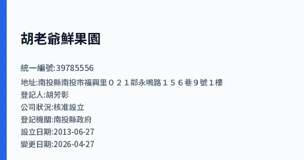 胡老爺鮮果園的照片-統編 39785556(南投縣) 公司登記資料與營業項目詳細圖表