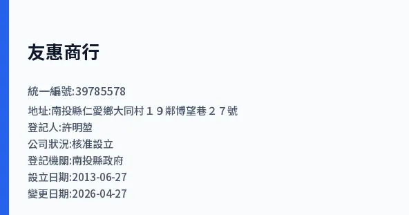 友惠商行的照片-統編 39785578(南投縣) 公司登記資料與營業項目詳細圖表