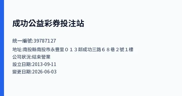 成功公益彩券投注站的照片-統編 39787127(南投縣) 公司登記資料與營業項目詳細圖表