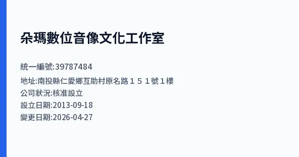 朵瑪數位音像文化工作室的照片-統編 39787484(南投縣) 公司登記資料與營業項目詳細圖表