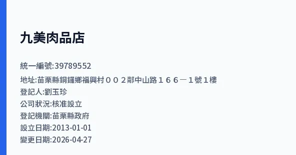 九美肉品店的照片-統編 39789552(苗栗縣) 公司登記資料與營業項目詳細圖表