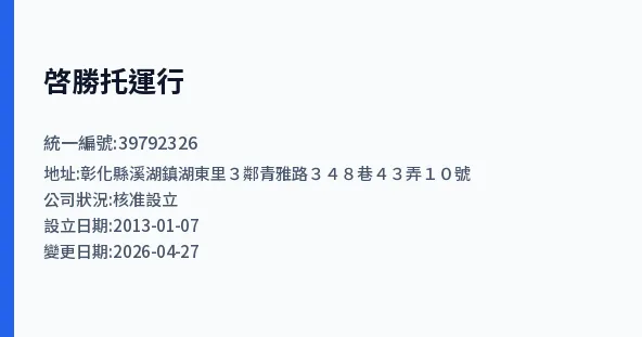 啓勝托運行的照片-統編 39792326(彰化縣) 公司登記資料與營業項目詳細圖表
