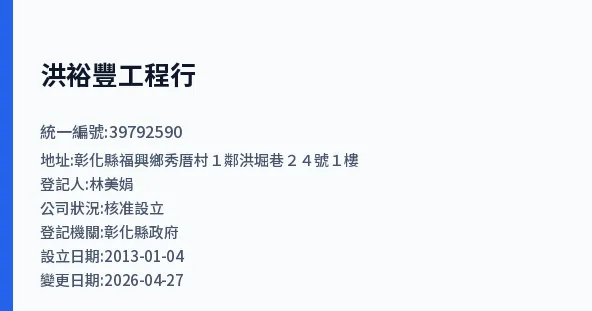 洪裕豐工程行的照片-統編 39792590(彰化縣) 公司登記資料與營業項目詳細圖表